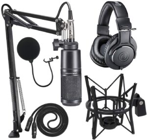 audio technica at2020pk studio microphone with ath-m20x, boom - xlr cable streaming/podcasting pack and spider microphone shockmount, pop filter