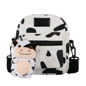 cow print canvas crossbody purse cute animal shoulder handbag phone bag with plush pendant for women girls kids