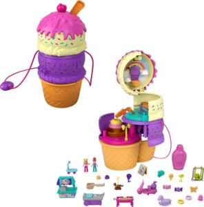 polly pocket dolls and accessories, ice cream cone-shaped playground with 3 floors and 2 micro dolls, spin ‘n surprise compact​​