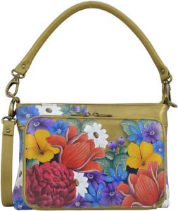 anuschka women’s genuine leather shoulder organiser - hand painted exterior - dreamy floral