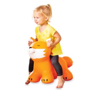 hearthsong bouncy inflatable animal jump-along, 28”l x 13.5”w x 17.5”h, hand pump included, 150 lbs., ages 12 months and up, fox