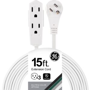 ge 3-outlet flat extension cord 15 ft grounded extension cord with multiple outlets 3 prong outlet extender flat plug power strip indoor extension cord 16 gauge ul listed white 56986