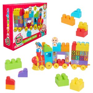 cocomelon stacking train, 40 piece large building block set, 2 figures, colors, numbers, officially licensed kids toys for ages 18 month by just play