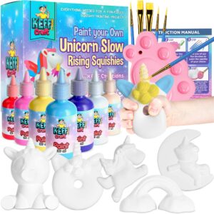 keff paint your own squishies - unicorn squishy maker painting kit for kids - diy arts & crafts gifts toys for girls and boys with glitter puff paints, brushes and palette