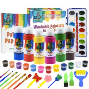 keff kids and toddler paint set - washable tempera finger painting set with non toxic watercolor, acrylic pots, sponges & more art and crafts supplies