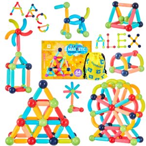 brainspark 64pcs digitbuilders, fun & educational magnetic building sticks and balls for kids stem learning, montessori preschool toys