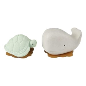 hevea squeeze'n'splash whale & turtle bath toys gift set - bath toy for babies and toddlers - 100% natural rubber, plant based, plastic-free, bpa-free (frosty white & sage)