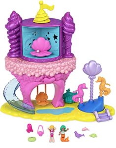 polly pocket rainbow funland mermaid cove ride playset, polly & mermaid dolls, accessories, dispenser feature for surprises, great gift for ages 4 & up