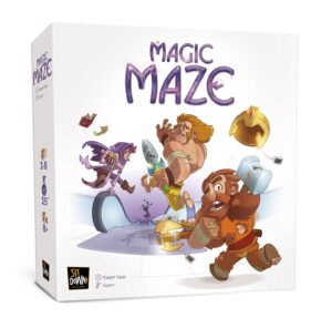 sit down! magic maze - real-time gameplay, move the 4 characters through the mall before the timer runs out - co-operative, everyone has a different power, 1-8 players, 15 mins, ages 8+, medium