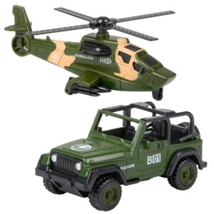 artcreativity military toy playset for kids, 2-piece, includes 1 helicopter toy and 1 jeep, durable diecast army toys for kids, pretend play set for boys and girls, great birthday gift