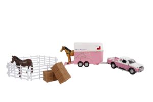 kids globe 1:32 scale pink mitsubishi l 200 in diecast with pullback & horse trailer, 2 horses and accessories kg520205