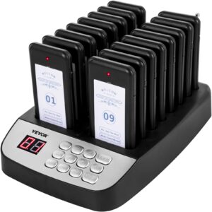 vevor f100 restaurant pager system 16 pagers, max 98 beepers wireless calling system, set with vibration, flashing and buzzer for church, nurse,hospital & hotel