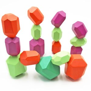 open road house stacking rocks - stacking stones - 16 pc wooden stacking rocks for kids - sorting & stacking toys - balancing stones - wooden stacking stones - rock blocks kids (orange green purple)