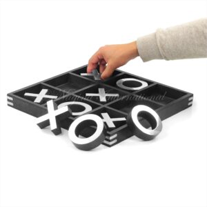 14" large elegant premium black tic tac toe board game | wooden puzzle game | coffee table wooden decor & games with nickel sheathed pieces