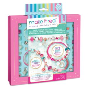 make it real - halo charms bracelets think pink - diy charm bracelet making kit - friendship bracelet kit with beads, charms & cord - arts & crafts bead kit for girls - makes 3 bracelets