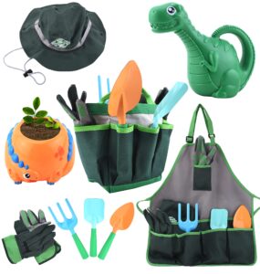 joyin kids gardening tool set toy includes watering can and planter, sun hat, gloves, apron and kids gardening kit like shovel, rake and trowel, outdoor play gardening gifts (dinosaur)