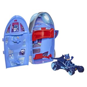 pj masks 2-in-1 hq playset, headquarters and rocket preschool toy for kids ages 3 and up, includes catboy action figure and cat-car vehicle