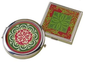 azi 2 classic celtic style travel pocket & purse mirror. 1 round and 1 square double sided christmas red & green irish design pattern floral & swirl