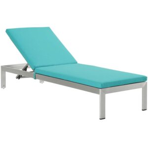 modway shore aluminum outdoor patio chaise poolside lounge chair with cushion in silver turquoise