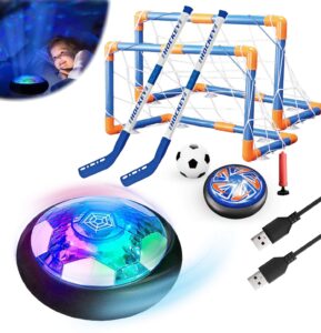 3 in1 hover soccer hockey balls for kids, hover toys set with 2 goals usb rechargeable led light floating ball indoor outdoor sports games, ideal gifts for 6-12 boys girls blue