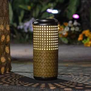 solar-lantern outdoor-hanging waterproof garden-decor - rustic lantern weave bamboo stylish,boho natural beige vintage rattan color for farmhouse patio decoration(11.7‘’, warm white)