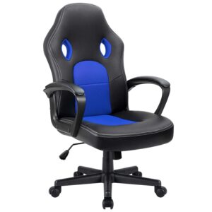 furmax blue leather office chair with adjustable swivel base, padded armrests and lumbar support