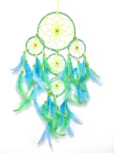 rooh dream catcher ~ neon green and blue 4 tier ~ handmade mandala hangings for positivity (can be used as home décor accents, wall hangings, garden, car, outdoor, bedroom, kids room, meditation room)