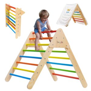 climbing triangle with tent - wooden climbing toys for toddlers & baby - x-large foldable colorful climber indoor gym for kids - 100% safe - cpsia lab certified - driddle