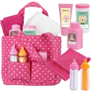 click n' play baby girl doll diaper bag, pink soft carrying bag including cleaning, caring, & feeding accessories - baby doll bottles, towel, powder, lotion, wipes