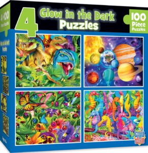 masterpieces – jigsaw puzzle set for kids 6+ years, 4-pack of 100 pieces, educational and fun game, blue glow in the dark collection, gift idea for children, 8" x 10