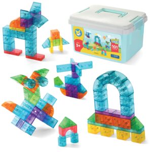 play brainy 101 pieces magnetic cubes for kids - 3d building blocks set with transparent blocks in varying shapes and colors - stem-approved learning toys for kids ages 3 and up - storage box included