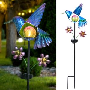 afirst solar garden stake lights - outdoor waterproof decorative solar lights, hummingbird led warm crackled glass globe lights for walkway, pathway, yard, lawn