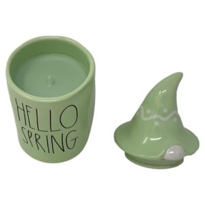 rae dunn green garden mint scented candle "hello spring" spelled with rae dunn style using ll font - super cute gnome hat lid - add this candle to your rae dunn collection and home kitchen décor