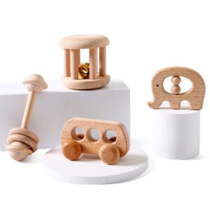 organic wooden baby rattle toy montessori rattle roller waldorf inspired grasping toddler toys