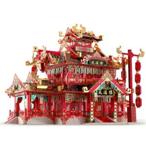 piececool 3d puzzles for adults metal model kits, chinese ancient reataurant 3d metal puzzle, traditional architecture building puzzle diy toys, great gift idea-215 pcs