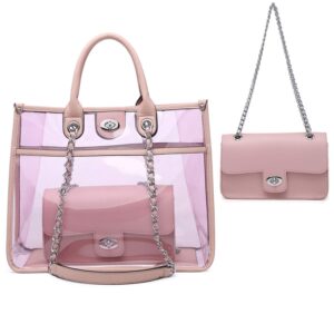 large clear tote bag top handle bag for women handbag messenger crossbody purse with turn lock closure (2 sets) (pink)