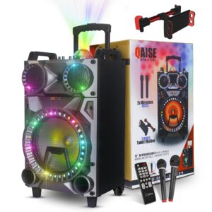 portable bluetooth party speaker and karaoke machine with 2 wireless mics, disco ball, led lights, handle and wheels, fm radio. loud party sound system, rechargeable tailgate pa speaker