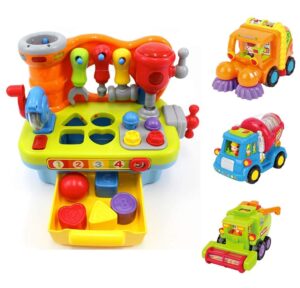 ciftoys musical learning workbench toy and push and go friction powered car toys for kids, boys and toddlers with sound effects & lights engineering pretend play