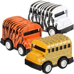 artcreativity pullback mini zoo buses for kids, set of 3, assorted animal design bus with pullback mechanism, durable plastic material, safari party decorations, great birthday gift for boys & girls