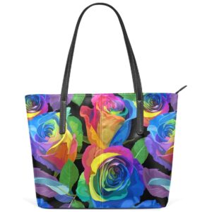 mnsruu tote bag for women multicolored roses on black background tote bag purses and handbags shoulder bag big capacity pu leather handbag womens tote bags for work