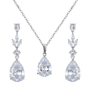 sweetv teardrop wedding jewelry sets for women brides bridesmaids, crystal bridal necklace drop earrings set,prom costume bridal wedding jewelry, silver