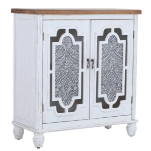 sophia & william accent storage cabinet with wood frame and iron embossed painted door, distressed floor cabinet for entryway living room