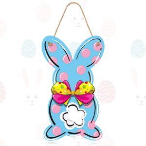 easter bunny wooden sign easter hanging door sign blue pink rabbit shaped welcome door decor with rope for easter home farmhouse indoor outdoor decorations, 13.4 x 8 inch (blue rabbit with cute bow)