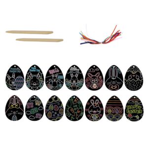 easter egg scratch crafts art kits small magic colors scratch paintings for kids easter decoration accessories hanging ornaments 14 pcs scratch paper with 14 pcs ribbons & 2 pcs wooden scratch tools