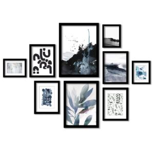 americanflat 9 piece black framed gallery wall art set - abstract indigo landscapes