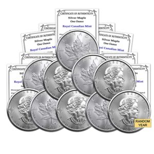 1988 - present (random year) lot of (10) 1 oz silver canadian maple leaf coins brilliant uncirculated with certificates of authenticity $5 seller bu