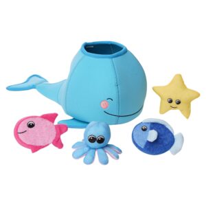 manhattan toy neoprene whale 5-piece floating spill n fill bath toy with quick dry sponges and squirt toy