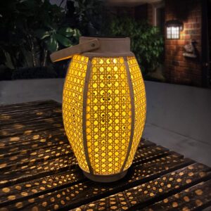 solar lanterns outdoor hanging - outable solar rattan woven lantern lamp with handle for hanging, auto on/off table lantern garden patio yard home decoration with warm led light