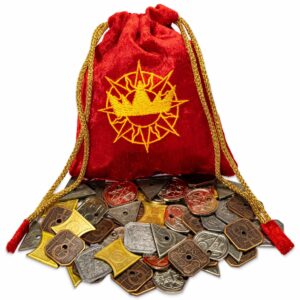 stratagem king's coffers 60 assorted fantasy coins - real metal tabletop rpg currency with velvet pouch - board game accessories compatible with 5e