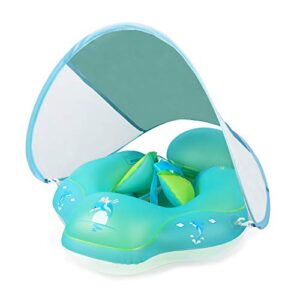 relaxing baby-pool float with adjustable seat pocket with canopy of upf 50+uv protection anti-slip crotch, add tail chamber baby floats for pool accessory air pump and 2 pool toys for toddler 6m-3yrs